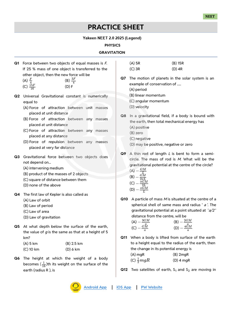 Gravitation Practice Sheet | PDF | Force | Orbit