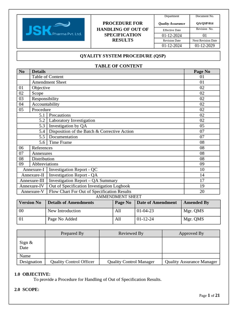 QA-QSP-014 SOP For Handling of OOS Out of Specification Results | PDF | Quality Assurance ...