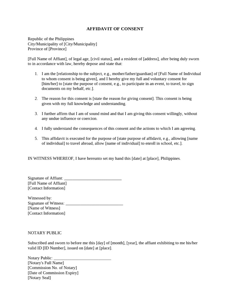Affidavit of Consent Template Philippines | PDF