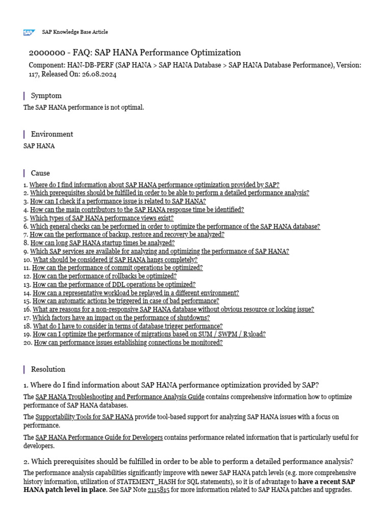 SAP HANA Performance Optimization FAQ | PDF | Replication (Computing ...