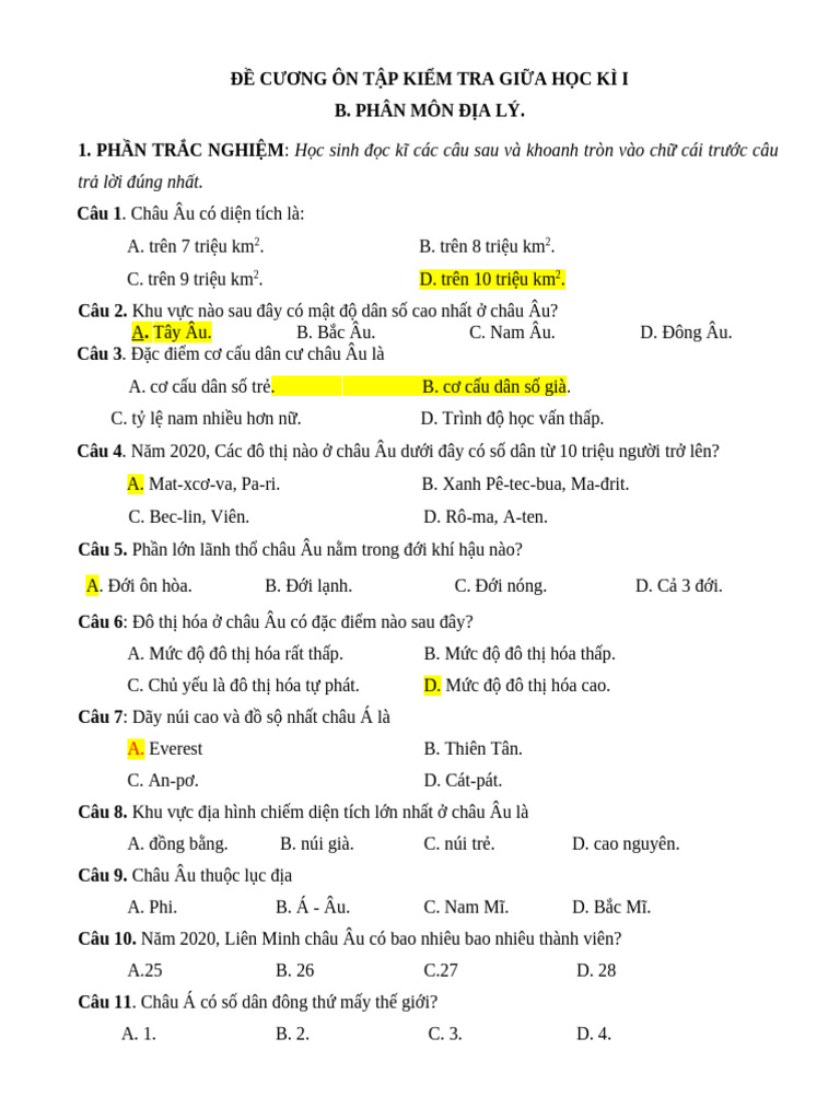 Noi dung on tap giua HK1 - Mon Dia Li 7 | PDF