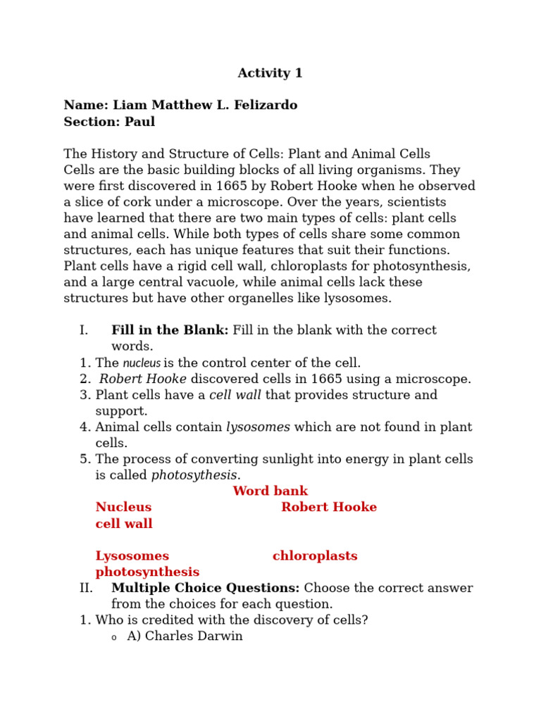 Liam's Activity 1 Biology 7 | PDF | Cell (Biology) | Chloroplast