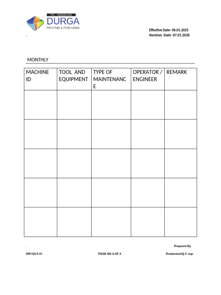 Maintenance Sheet | PDF