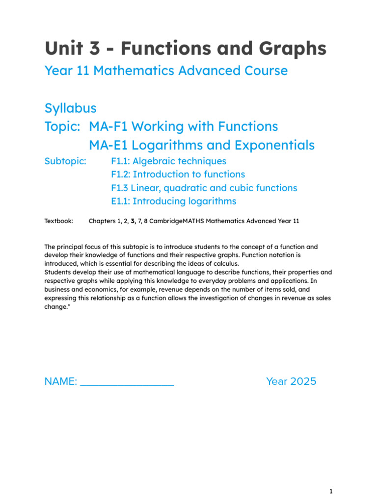 Kami Export - Teacher Copy - 2025 MA11 - Unit 3 - Functions and Graphs - Kami | PDF | Function ...