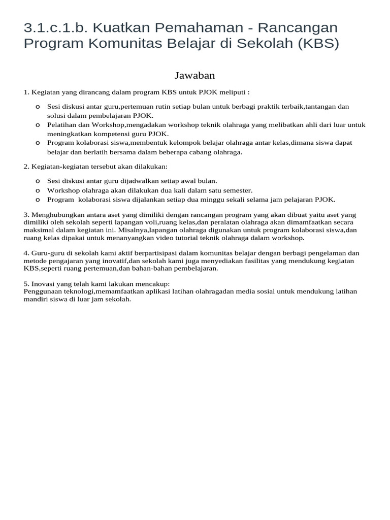 3.1.c.1.b. Kuatkan Pemahaman - Rancangan Program Komunitas Belajar di Sekolah (KBS) | PDF
