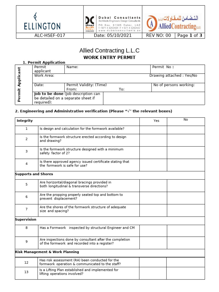 Alc-Hsef-17-New Slab Work Entry Permit-R00 | PDF | Safety ...