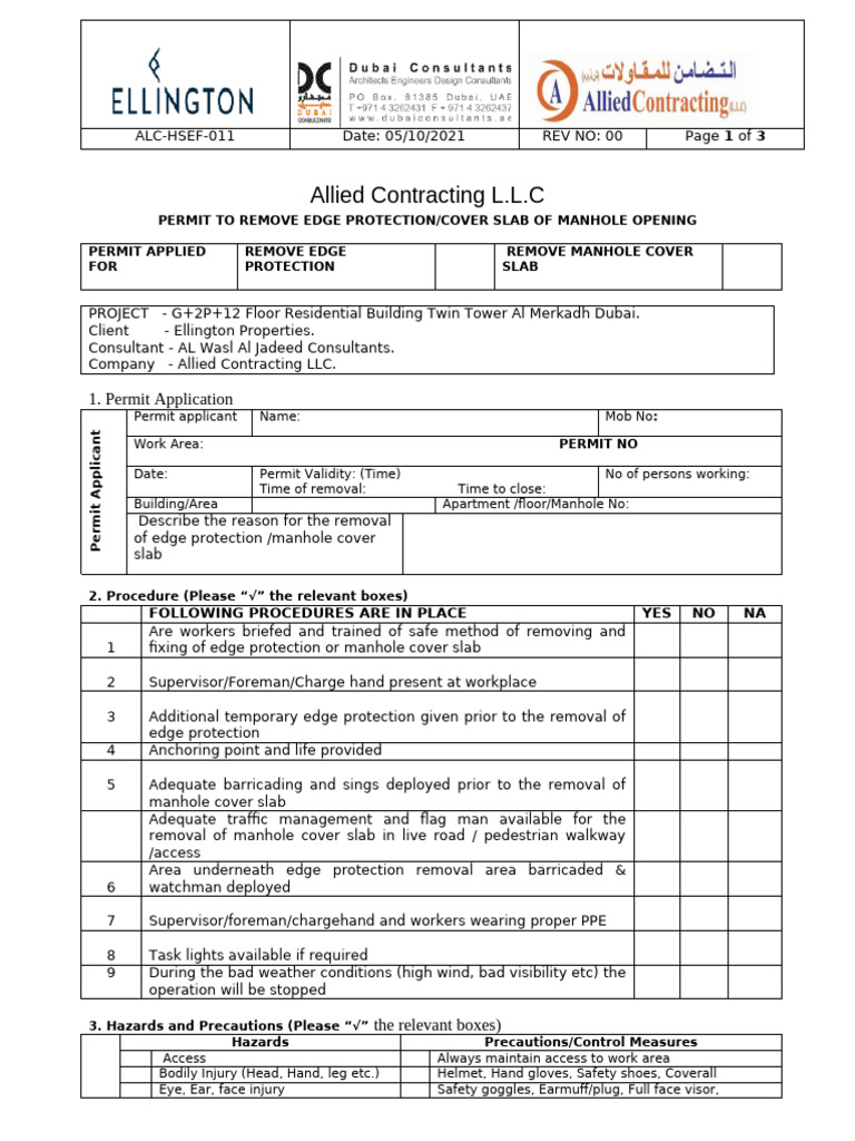 Scl-Hssef-038-Permit To Remove Edge Protection - Cover Slab of Manhole ...