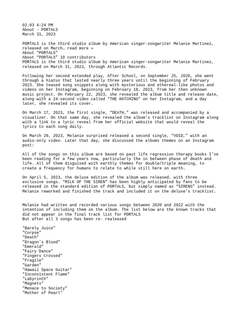 About - PORTALS | PDF | Rock Albums | Albums