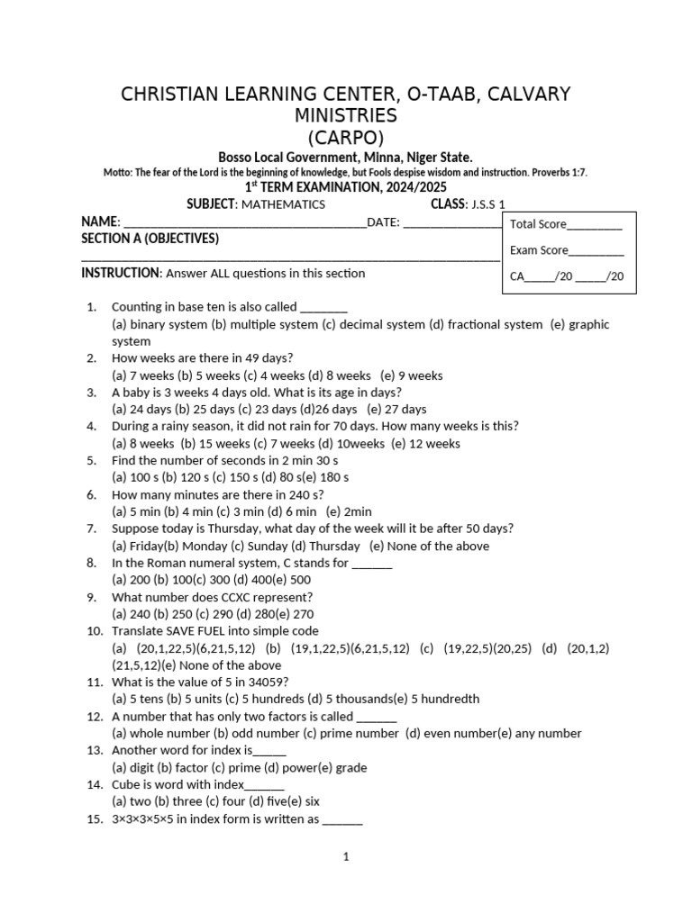 1st Term JSS 1 Mathematics | PDF | Arithmetic | Mathematics
