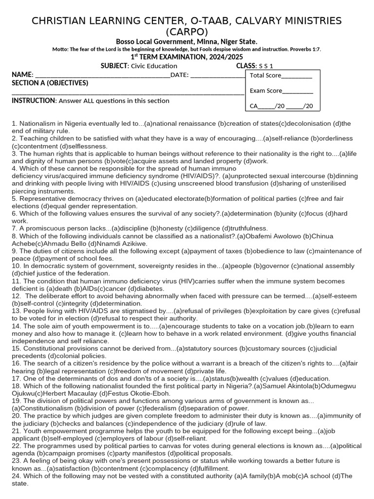 Civic Education Questions For SS1 | PDF | Citizenship | Democracy