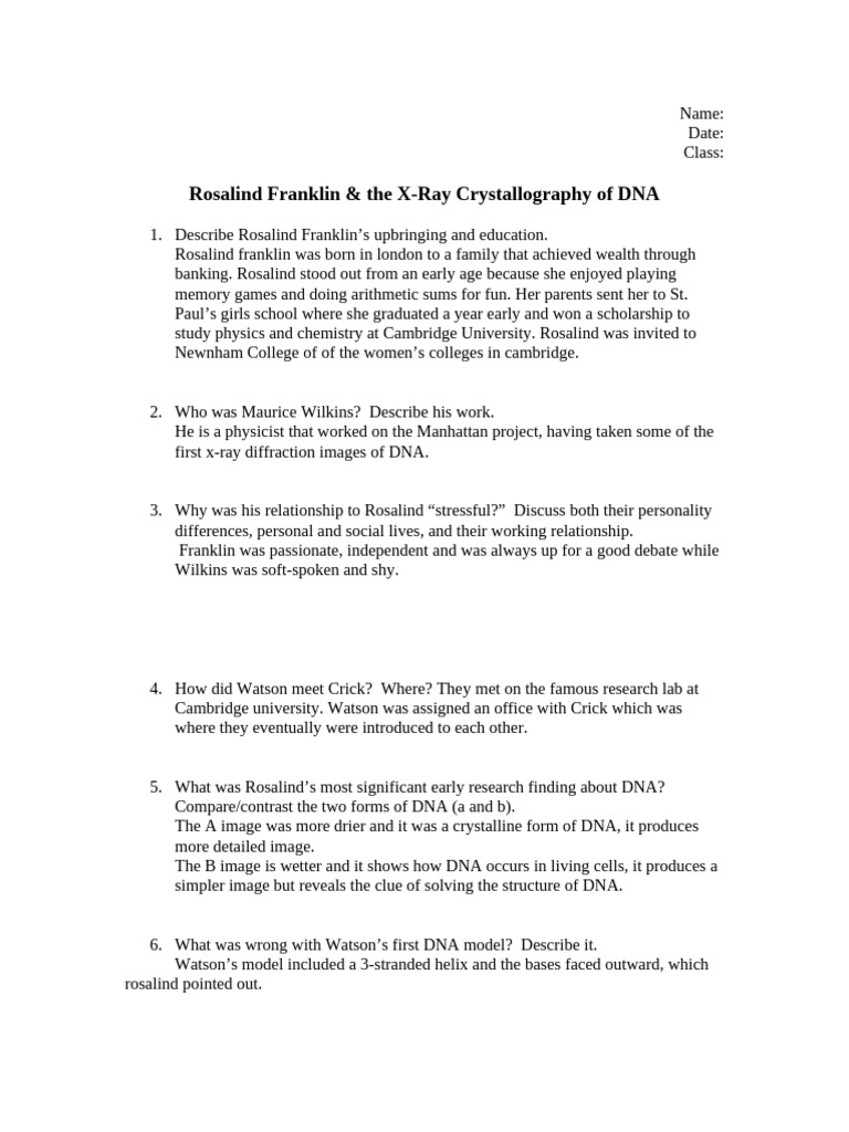 Rosalind Franklin Questions. | PDF | Francis Crick | Dna