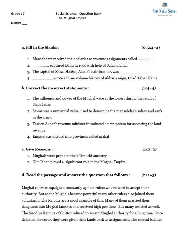 Mughal Empire Question Bank for Grade 7 | PDF | Mughal Empire