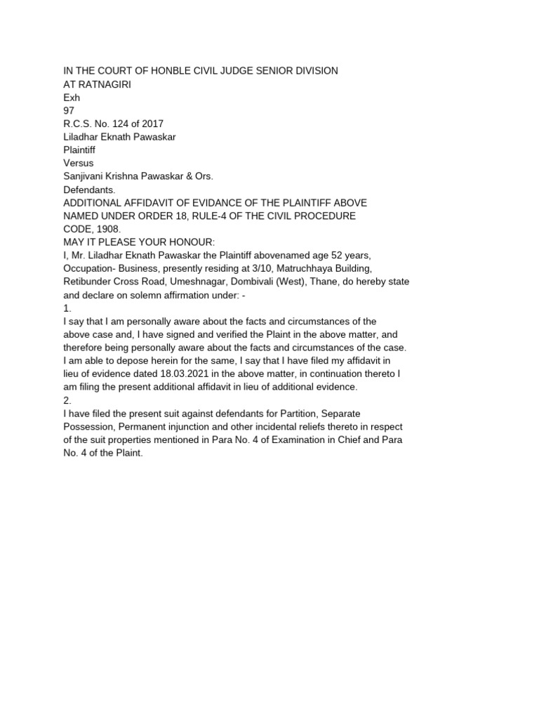 Additional Affidavit in R.C.S. No. 124/2017 | PDF