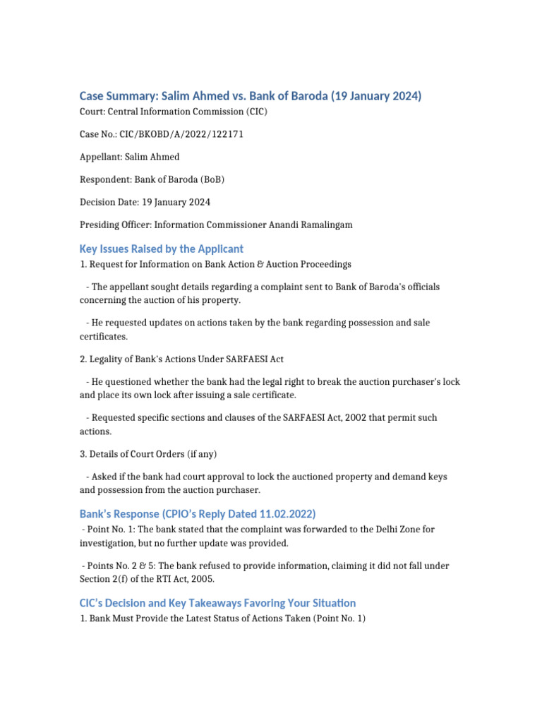 Salim Ahmed Vs BOB Case Analysis | PDF | Appeal | Judgment (Law)