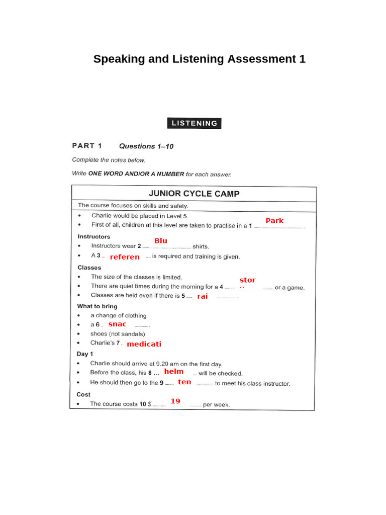 Speaking and Listening Assessment | PDF