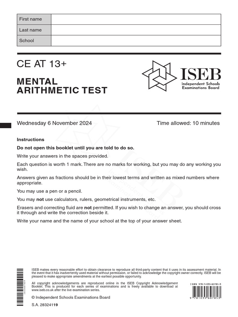 Mathematics CE 13+ Mental Arithmetic Test Paper (Autumn 2024) | PDF ...