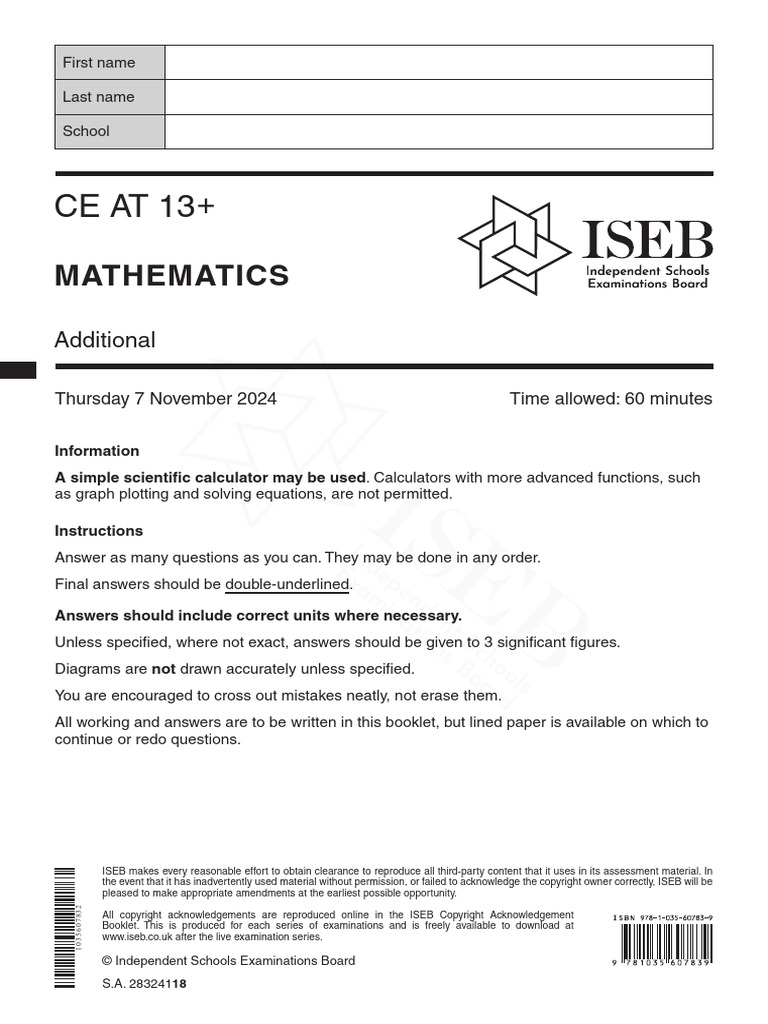 Mathematics CE 13+ Additional Exam Paper (Autumn 2024) | PDF | Area ...