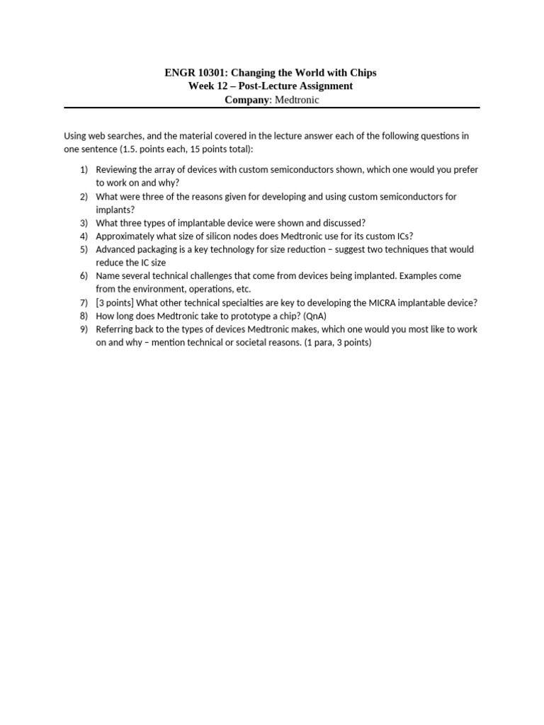 Week 12 Post-Class Assignment Medtronic - Clean | PDF