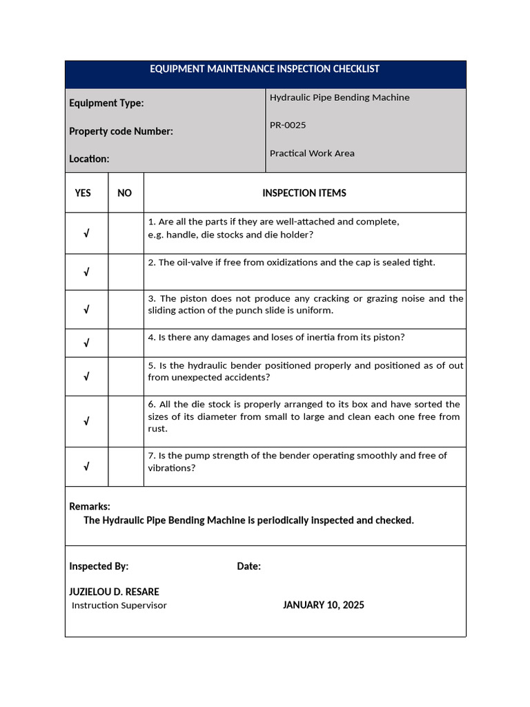 Equipment Maintenance Inspection Checklist | PDF