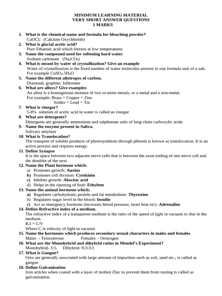 MINIMUM LEARNING MATERIAL Class '10 Science | PDF | Atrium (Heart) | Kidney