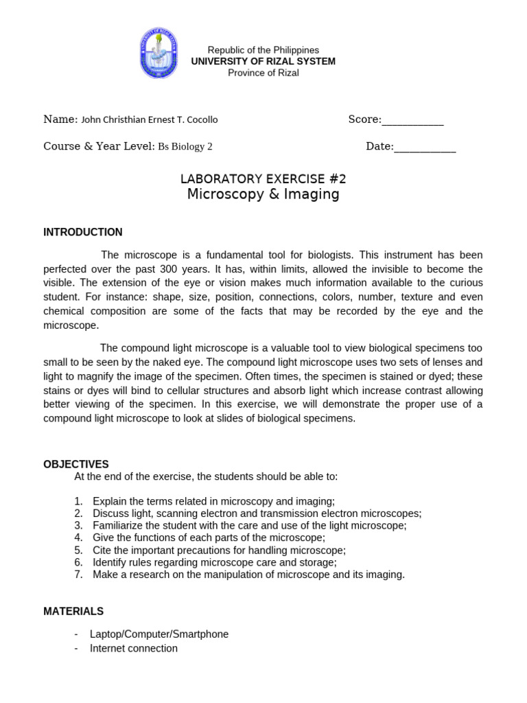 Laboratory Exercise - 2 - SPEC1 - Microscopy - and - Imaging - BSBio - II | PDF | Microscope ...
