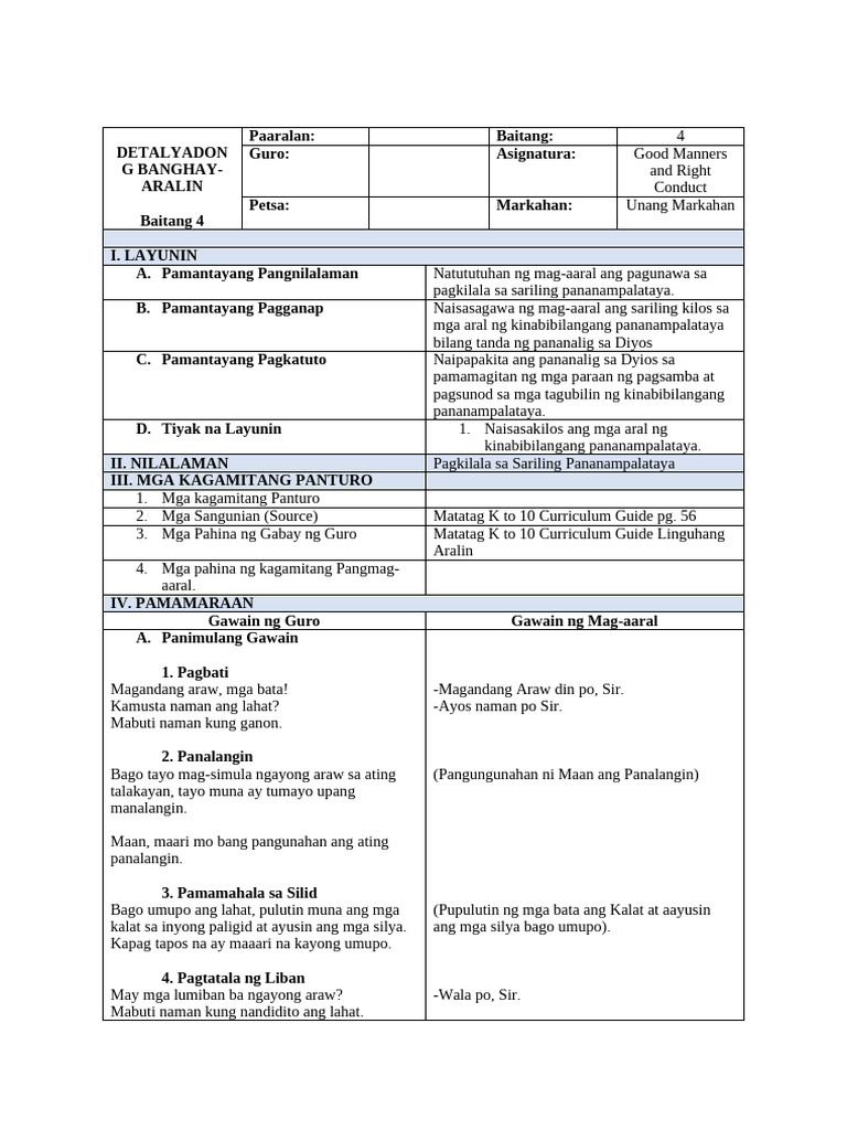 Detalyadong Banghay Aralin (GMRC) | PDF