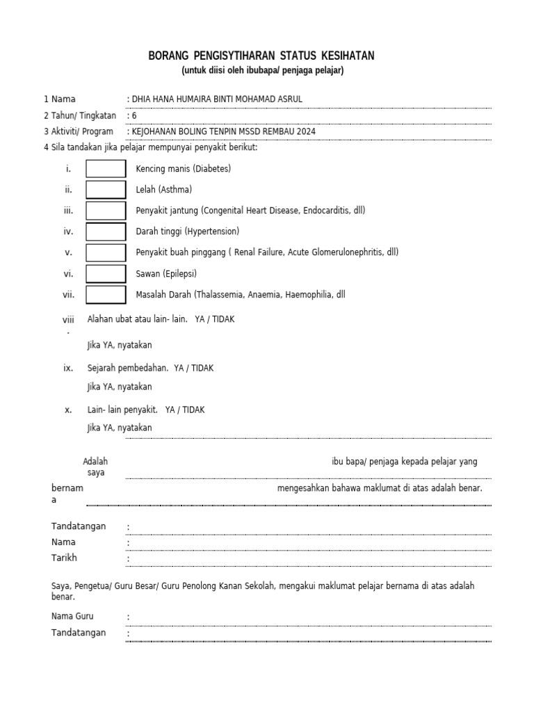 Borang Status Kesihatan Hana | PDF
