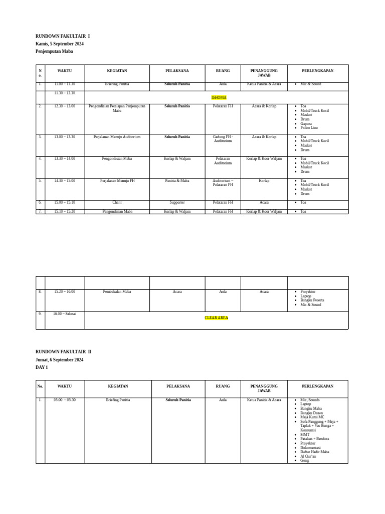 Rundown Kegiatan Maba FH 2024 | PDF