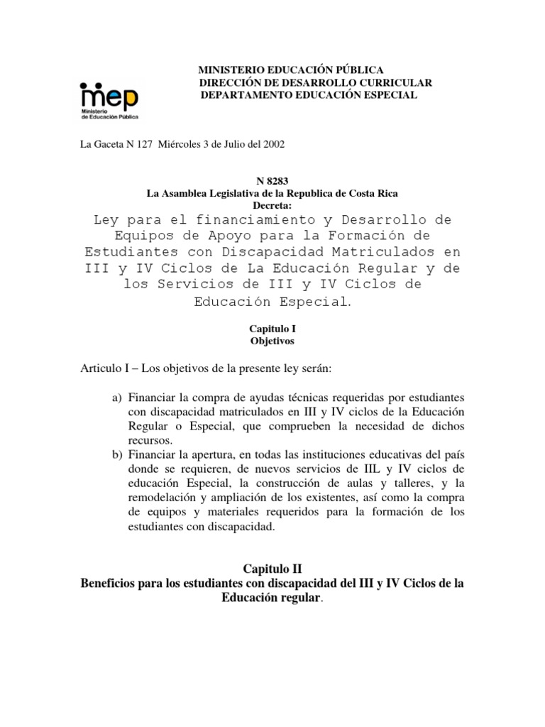 Ley 8283 PDF | PDF | Educación especial | Invalidez
