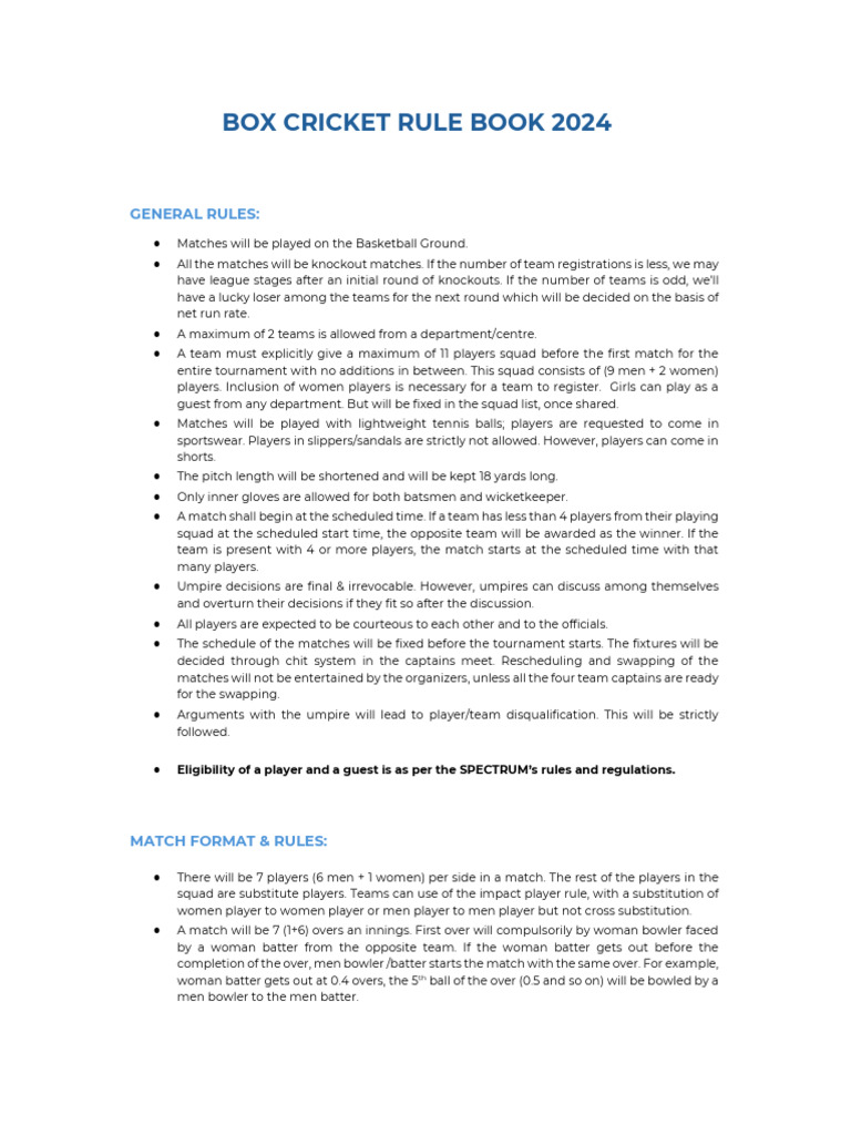 Box Cricket Rule Book 2024 Final | PDF | Bowling (Cricket) | Cricket