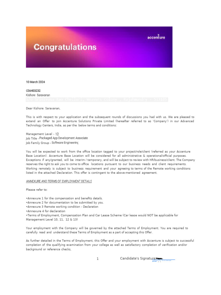 128 - Accenture-Offer-Letter (AutoRecovered) | PDF | Insurance | Payroll