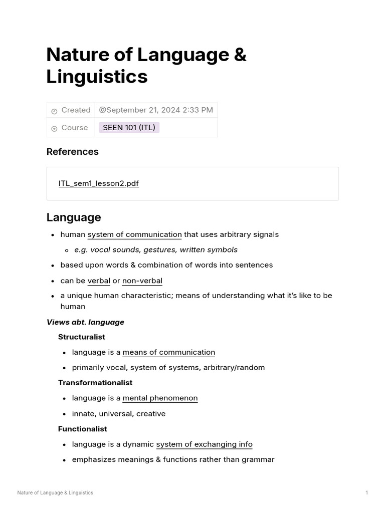 Nature of Language Linguistics | PDF | Linguistics | Semantics