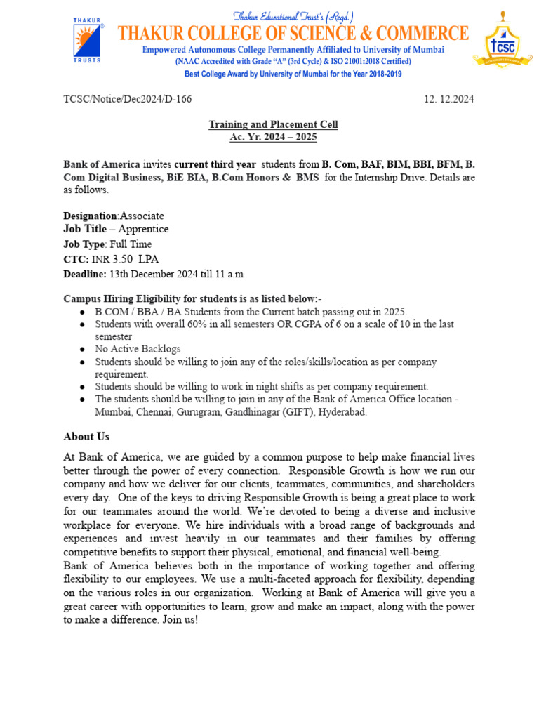 TCSC - Notice - Dec2024 - D-167 Bank of America | PDF | Banks | Business