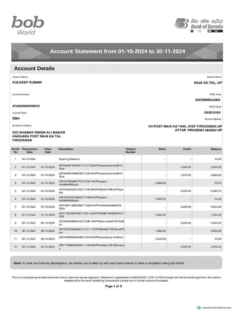 Bank Statement Oct and Nov Statement | PDF