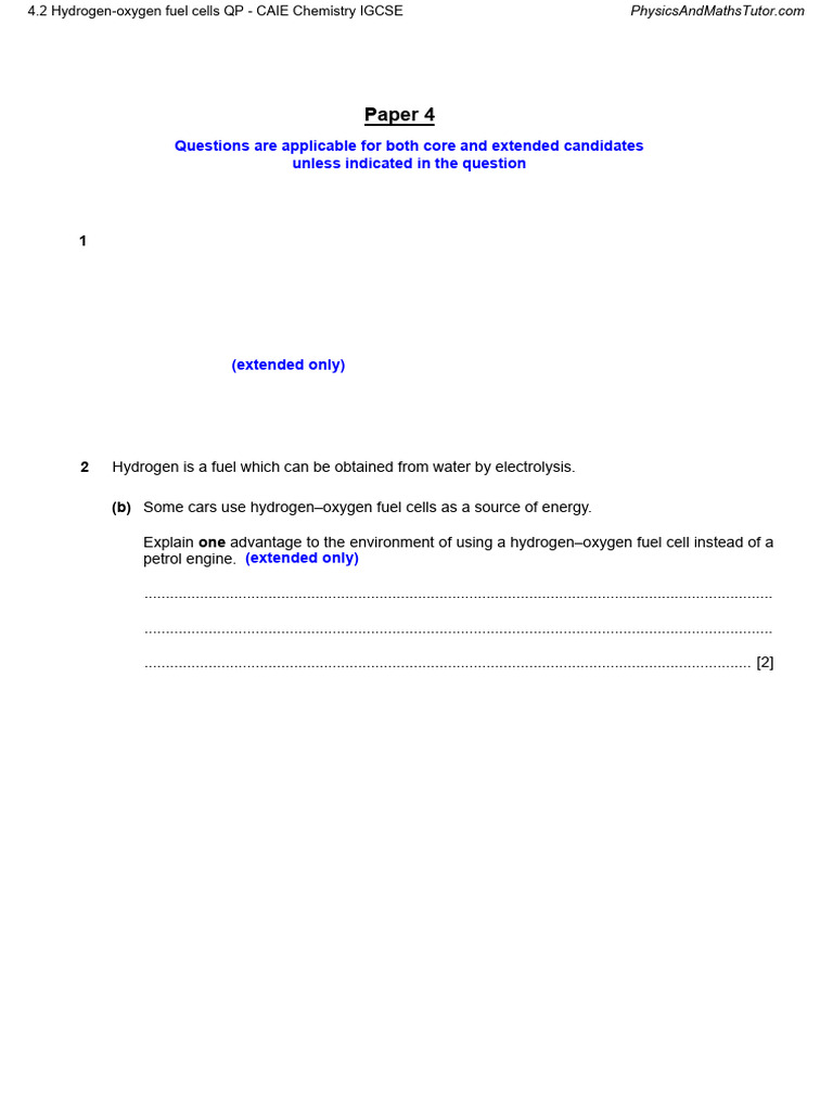 4.2 Hydrogen-Oxygen Fuel Cells QP | PDF