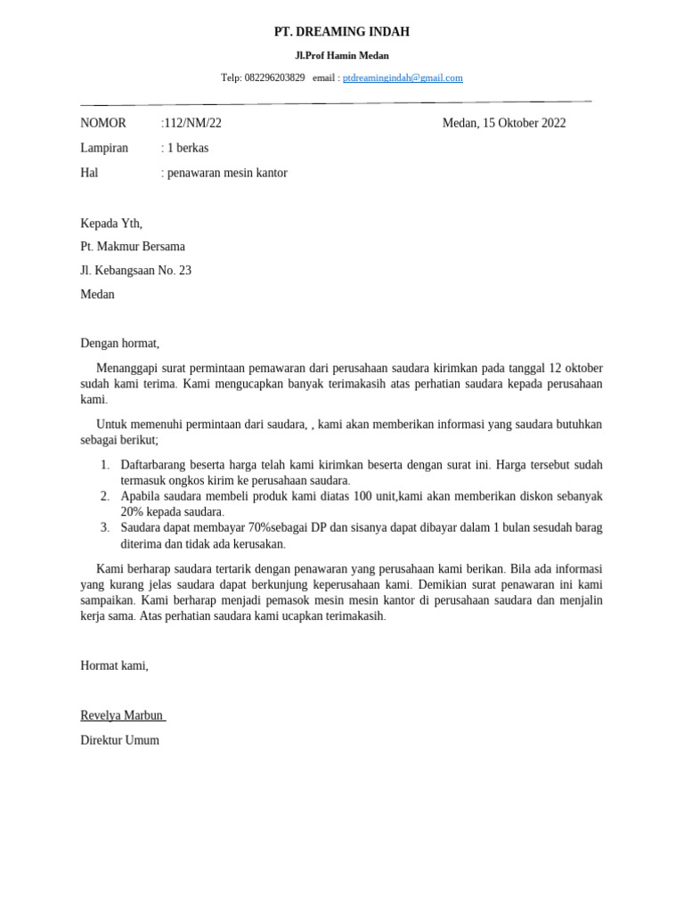 Surat Penawaran Pt. Dreaming Indah | PDF