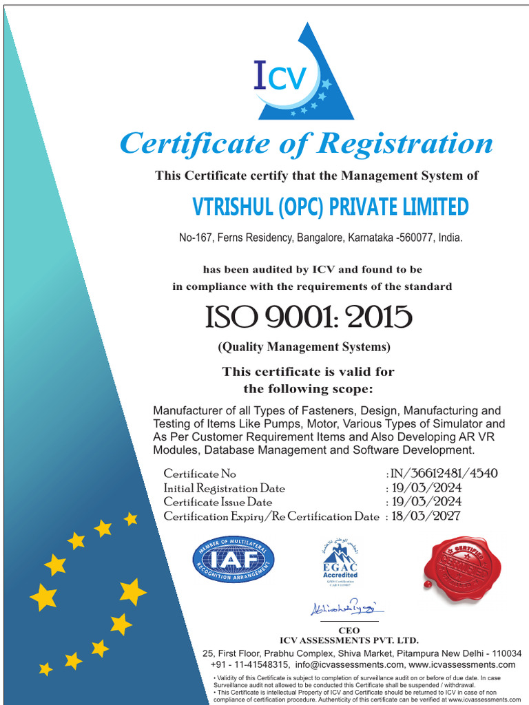 ISO CERTIFICATE - VTishul (OPC) PVT LTD | PDF