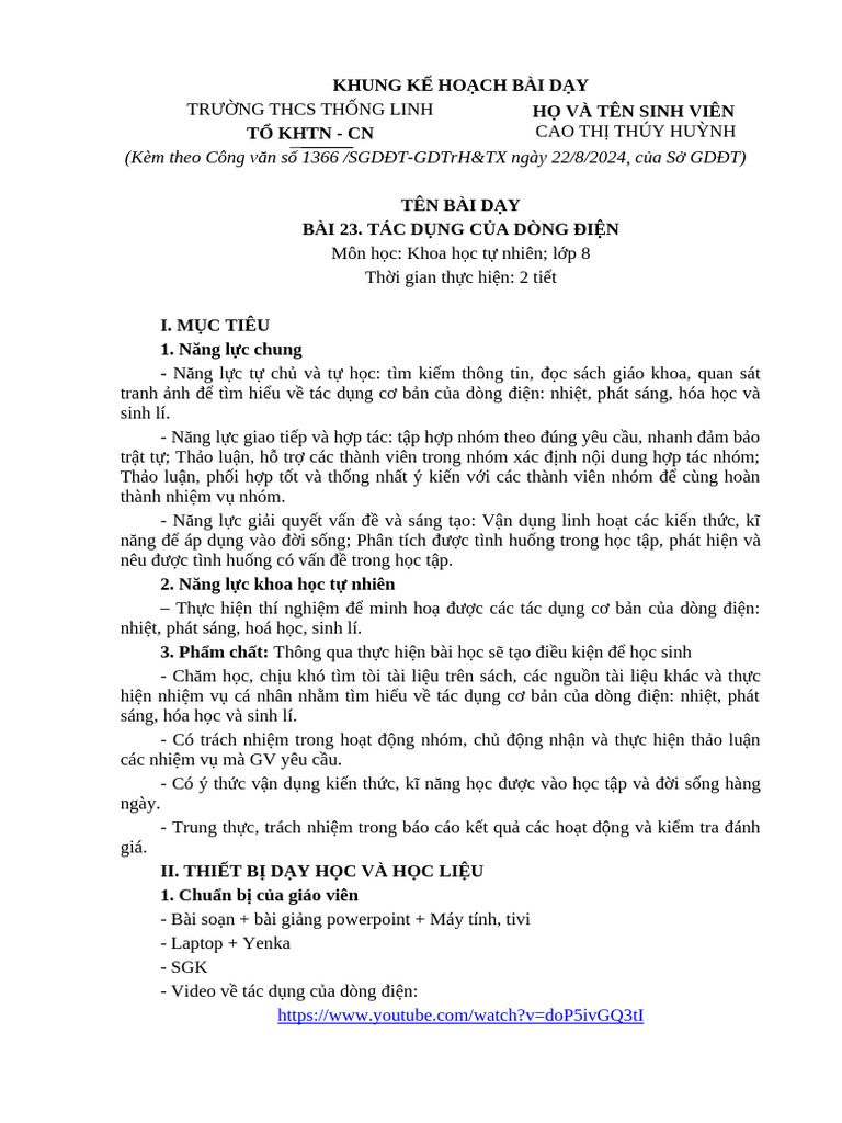 KHDH bài 23 Tác dụng của dòng điện | PDF