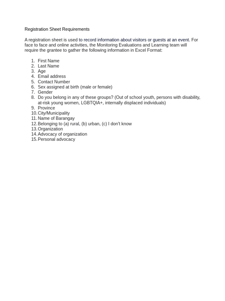 Event Registration Sheet Guidelines | PDF
