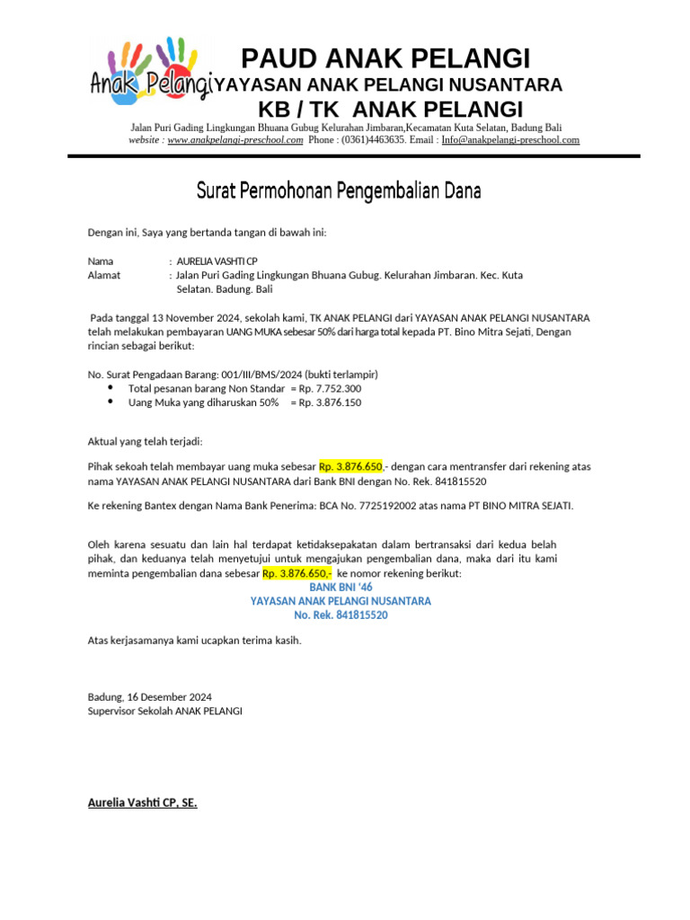 Surat Ajuan Kembali Uang | PDF