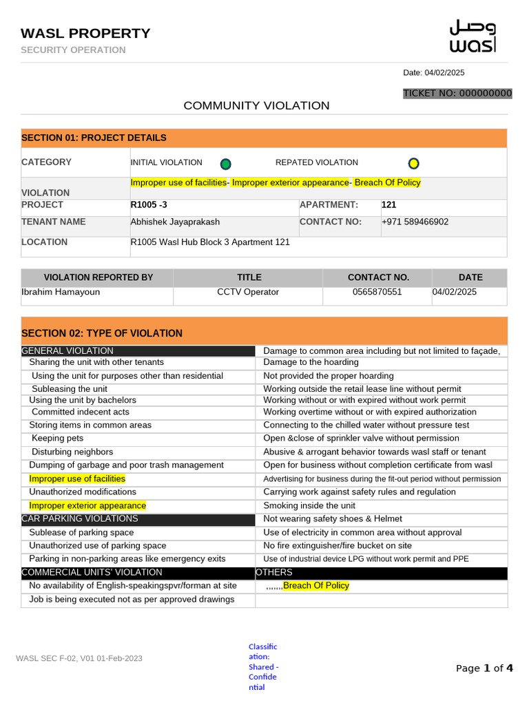 Violation Report - R1005 Wasl Hub Block 3 Apartment 121-Improper Use of ...