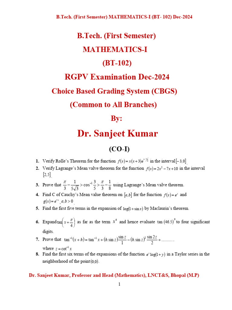 B.Tech Mathematics-I Exam Guide Dec 2024 | PDF | Eigenvalues And ...