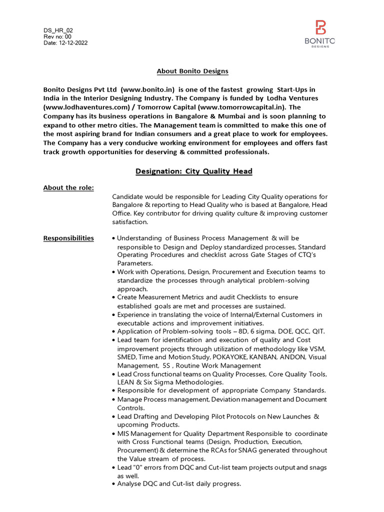 JD-City Quality Head | PDF | Six Sigma | Business