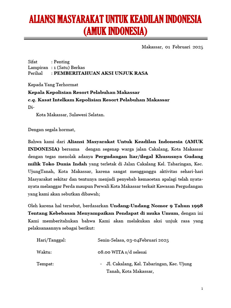 Surat Pemberitahuan Aksi Unjuk Rasa | PDF