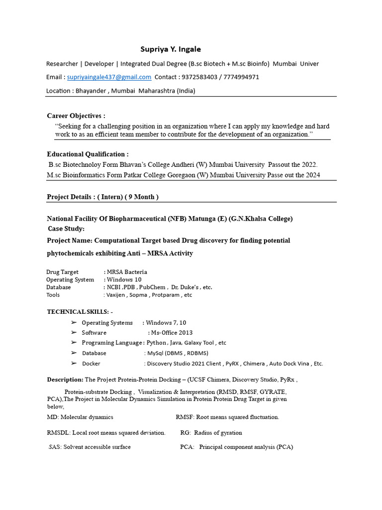 Supriya Ingale Resume - 2025 | PDF | Databases | Docking (Molecular)