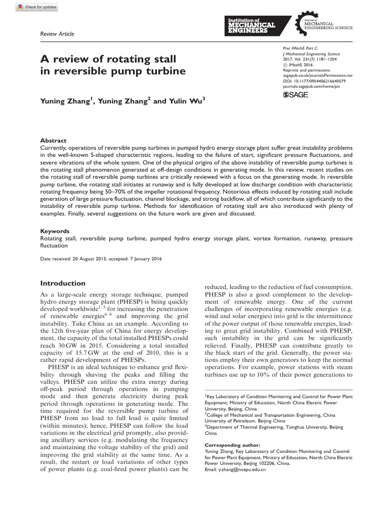 A Review of Rotating Stall in Reversible Pump Turbine | PDF | Pump ...