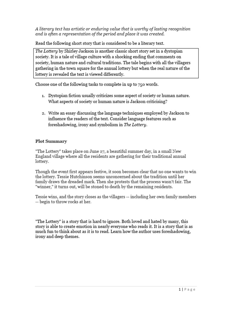 The Lottery Short Story Analysis and Questions | PDF