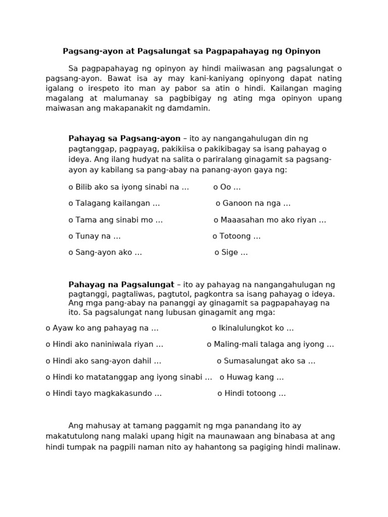 Pagsang Ayon at Sa Pagsalungat | PDF