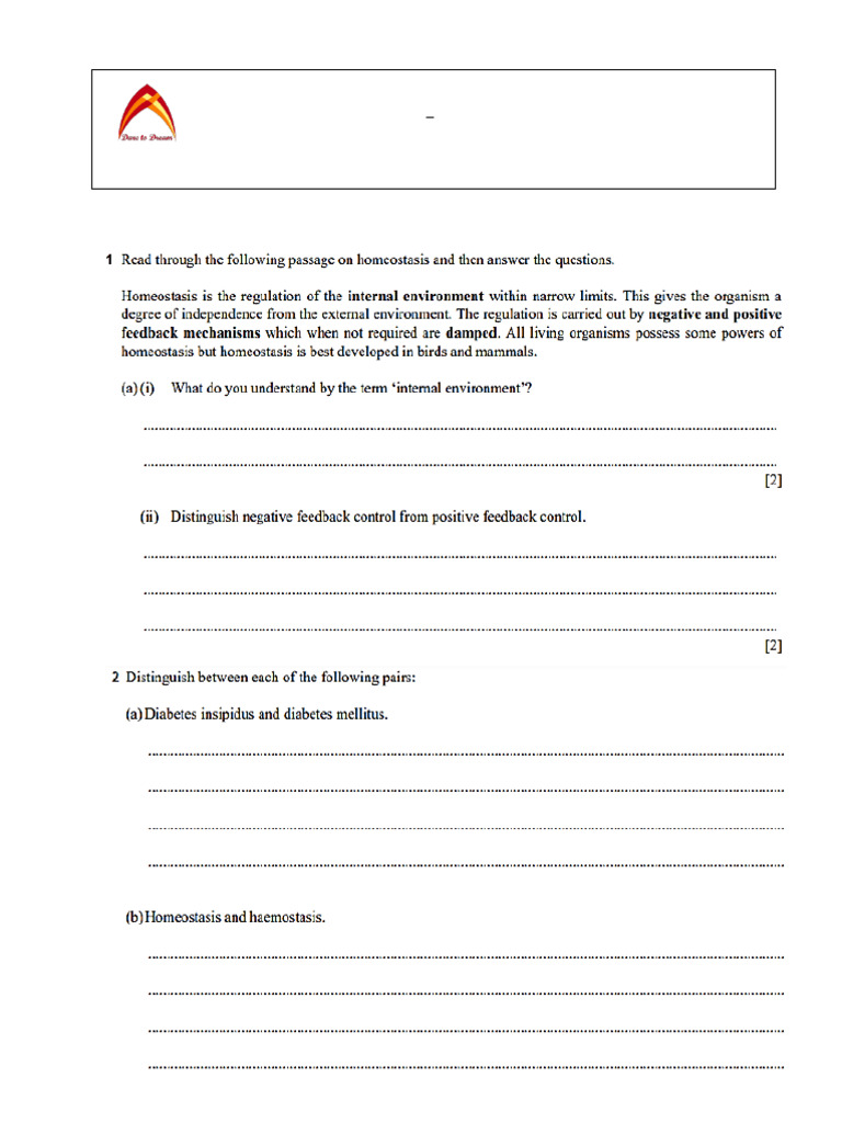 Homeostasis Assessment for A2 Biology | PDF