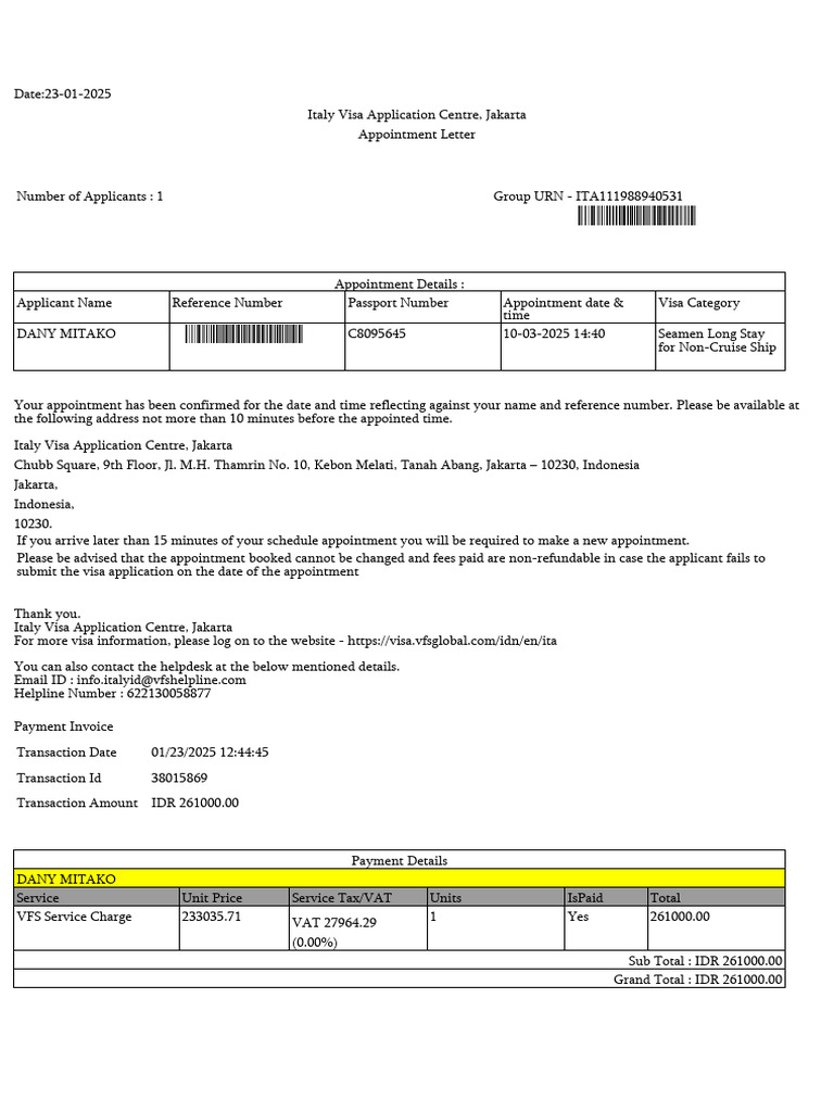 Italy Visa Appointment Confirmation | PDF | Payments